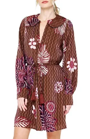 CIEBON Willow Print Tie Waist Long Sleeve Dress