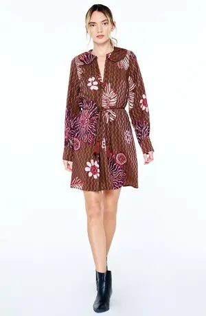 CIEBON Willow Print Tie Waist Long Sleeve Dress