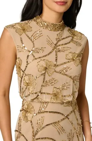 Adrianna Papell Beaded Mock Neck Sleeveless Gown