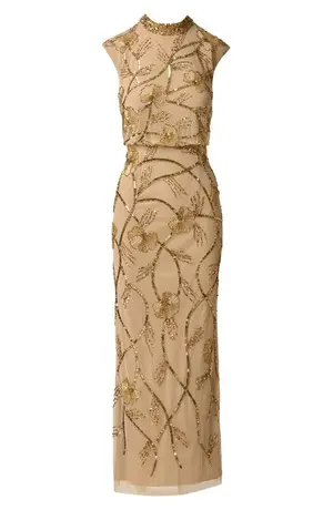 Adrianna Papell Beaded Mock Neck Sleeveless Gown