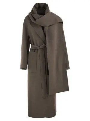 Max Mara Smmpeonie Pure Virgin Wool Coat With Integrated Scarf - Brown