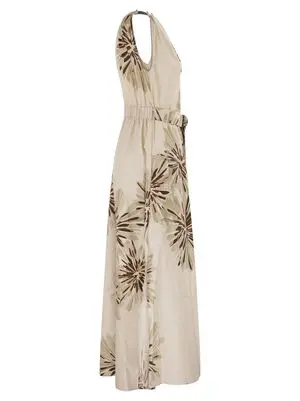 Brunello Cucinelli Long Cotton Dress With Floral Print And Matching Belt