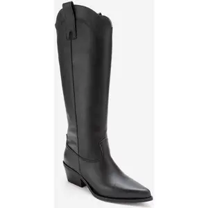 FOREVER & ALWAYS SHOES Ania Leather Block Heel Knee High Boot - Black