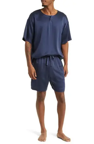 Lunya Henley Washable Silk Short Pajamas - Deep Blue
