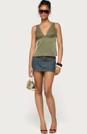 EDIKTED Vikkey Lace Trim Satin Tank - Olive