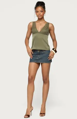 EDIKTED Vikkey Lace Trim Satin Tank - Olive