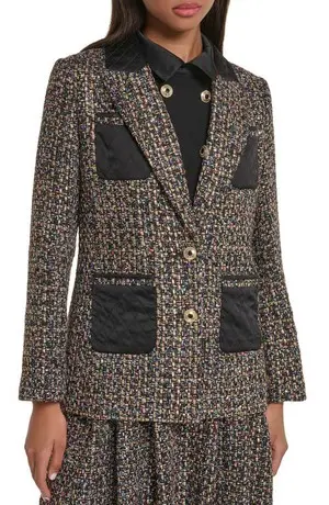 Karl Lagerfeld Paris Quilted Accent Tweed Jacket - Black Multi