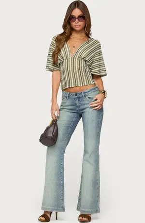 EDIKTED Alwyn Flutter Sleeve Zigzag Stripe Top - Brown