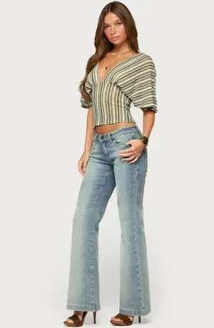 EDIKTED Alwyn Flutter Sleeve Zigzag Stripe Top - Brown