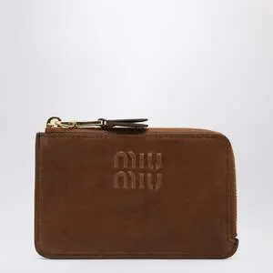 Miu Miu Rovere Zip Card Holder In Leather - Brown