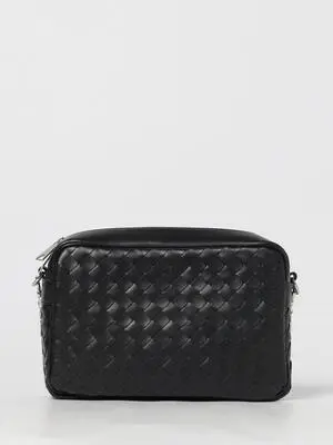 Bottega Veneta Calfskin Leather Camera Bag With Intrecciato Motif And Strap - Black