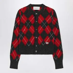 AMI Paris Red/grey Argyle-pattern Cardigan In Wool - Gray