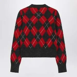 AMI Paris Red/grey Argyle-pattern Cardigan In Wool