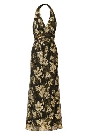 Adrianna Papell Metallic Lace Shirred Halter Gown