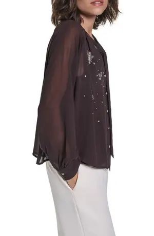 Karl Lagerfeld Paris Beaded Chiffon Top With Tie Neck