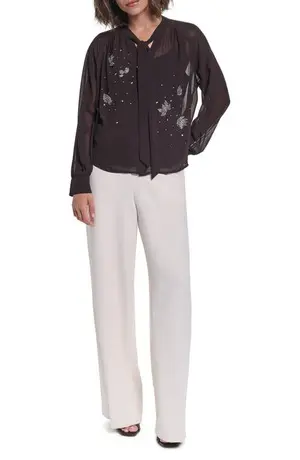 Karl Lagerfeld Paris Beaded Chiffon Top With Tie Neck