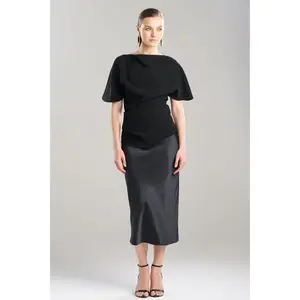 Natori Stretch Crepe Asymmetric Draped Top - Black
