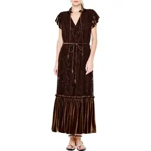 CIEBON Hilma Velvet Trim Lace Maxi Dress - Brown