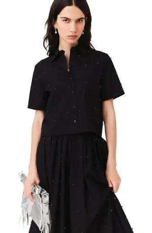 Maje Shirt With Rhinestones And Beads - Black