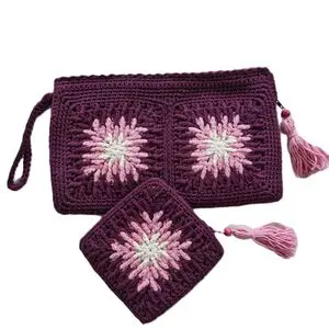 SPRINGMOONATELIER Handmade Burgundy Crochet Clutch Set – Lined Cotton Wristlet & Mini Pouch - Red