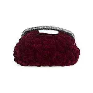 SPRINGMOONATELIER Handmade Burgundy Velvet Crochet Handbag – Metallic Handle Evening Bag - Red