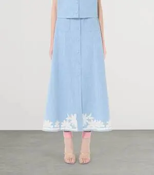 Valentino Garavani Embroidered Denim Midi Skirt