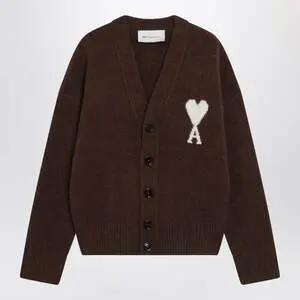 AMI Paris De Coeur Cardigan In Alpaca Blend - Brown