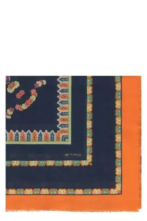 Etro Cashmere-blend Shawl Scarf With Circular Floral Paisley Design - Blue