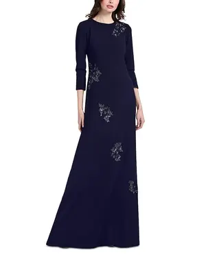 EMILY SHALANT Beaded Flower Stretch Crepe Gown