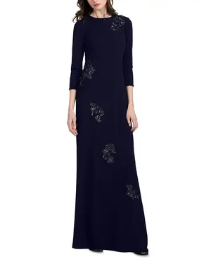 EMILY SHALANT Beaded Flower Stretch Crepe Gown