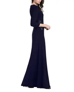 EMILY SHALANT Beaded Flower Stretch Crepe Gown