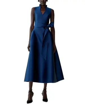 Carolina Herrera Stand Collar V Neck Tie Waist Dress