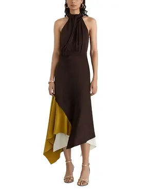 REISS Bianca Satin Color Blocked Dress - Burgundy/green