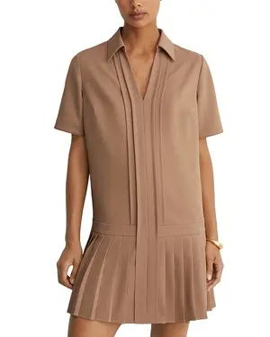 REISS Elena Pleat Skirt Mini Dress - Camel