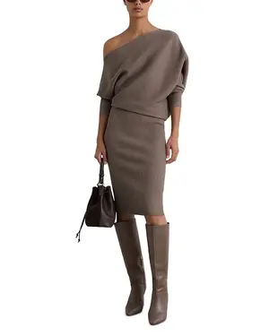 REISS Lara Off-the-shoulder Ribbed Knit Dress - Neutral