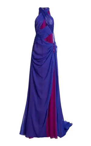 SERGIO HUDSON Cross-neck Silk Chiffon Button-skirt Gown - Multi