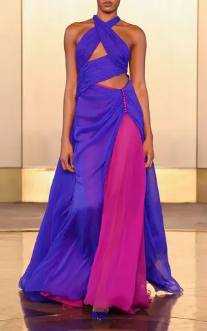 SERGIO HUDSON Cross-neck Silk Chiffon Button-skirt Gown