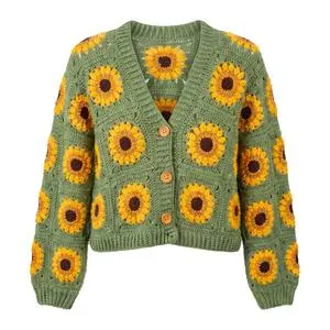 ANA CHIC Sage Sunflower Granny Square Handmade Crochet Cropped Cardigan - Green