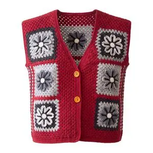 ANA CHIC Daisy Granny Square Handmade Crochet Waistcoat - Red