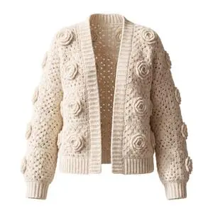 ANA CHIC Neutrals Crochet Rose Handmade Knitted Cardigan In Cream - White