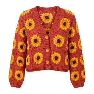 ANA CHIC Rust Sunflower Granny Square Handmade Crochet Cropped Cardigan - Orange