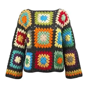 ANA CHIC Charcoal Trim Granny Square Handmade Crochet Jumper - Black