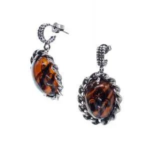 GEM KINGDOM Brown / Silver Amber Fleur-de-lis Earrings