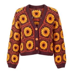 ANA CHIC Chocolate Sunflower Granny Square Handmade Crochet Cropped Cardigan - Brown