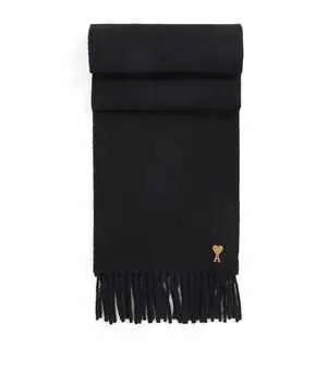 AMI Paris Wool De Coeur Fringed Scarf - Black
