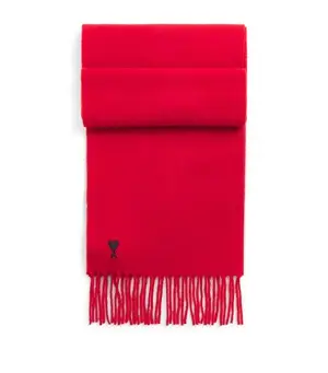 AMI Paris Wool De Coeur Fringed Scarf - Red
