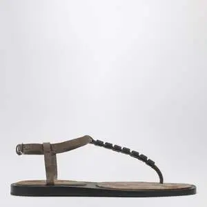 Brunello Cucinelli Suede Thong Sandals With Precious Straps - Brown