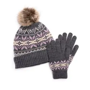 MUK LUKS Cuffed Wool Cap With Pom - Grey