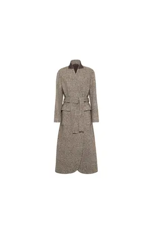 Brunello Cucinelli Virgin Wool And Silk Mélange Diagonal Belted Coat With Monili