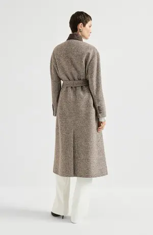 Brunello Cucinelli Virgin Wool And Silk Mélange Diagonal Belted Coat With Monili